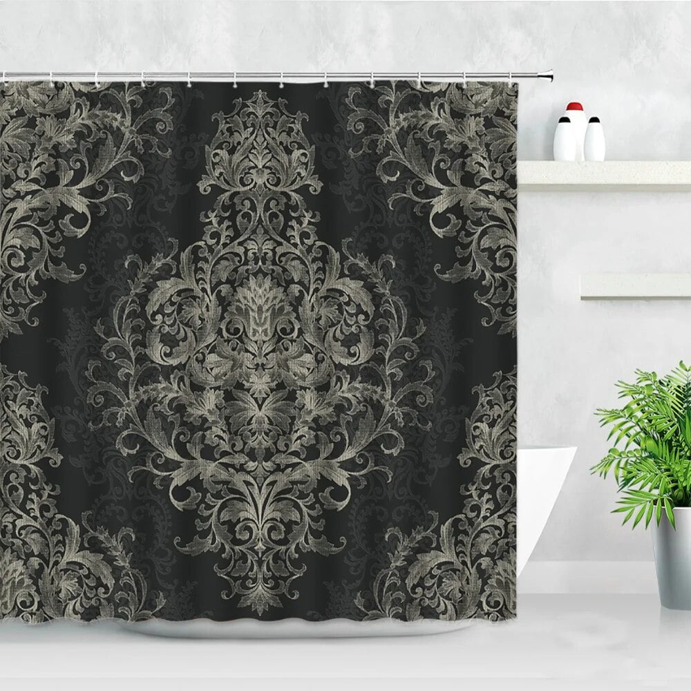 Black Damask Baroque Shower Curtains 3d Vintage Art Abstract Flower