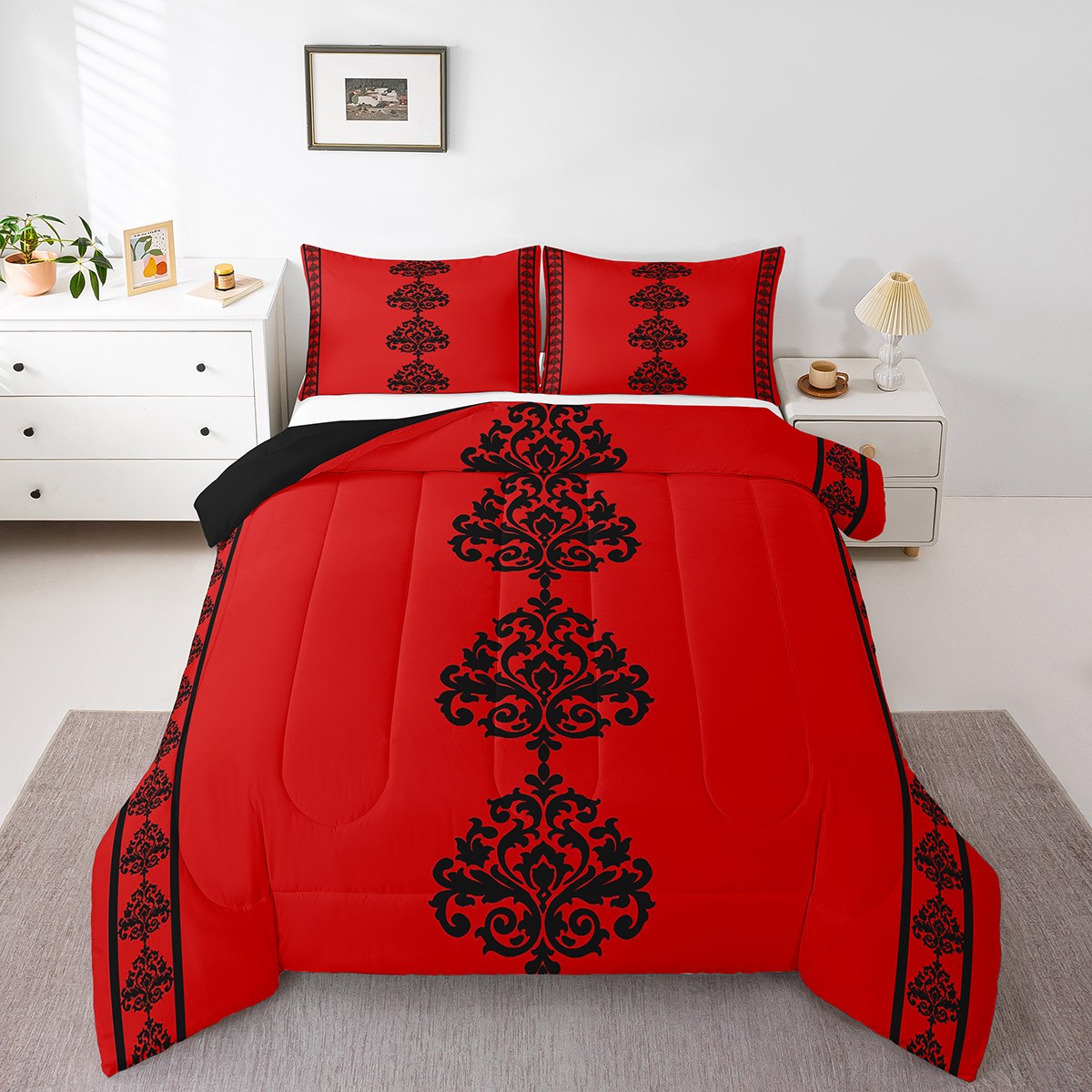 Black Damask Comforter Set Full Size for Adult Women Boho Gothic Style ...