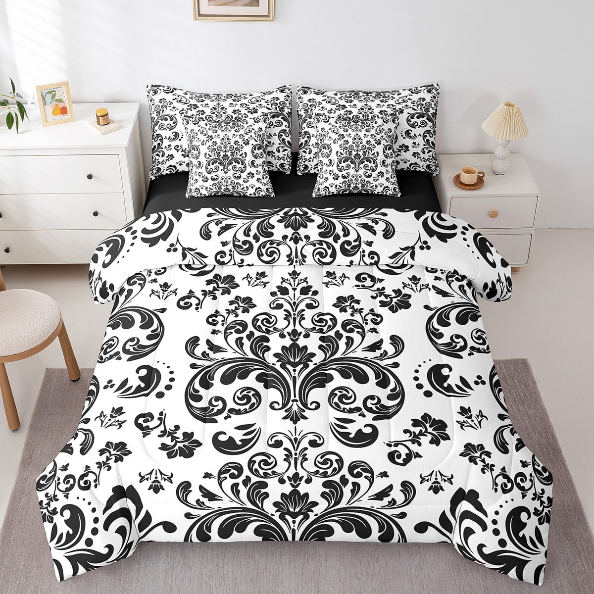 Black Damask Floral Bed In A Bag With Sheets Bohemian Black White ...