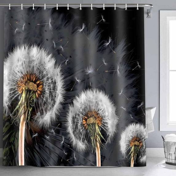 Black Dandelion Floral Shower Curtain Abstract Flying Dandelions Seeds ...