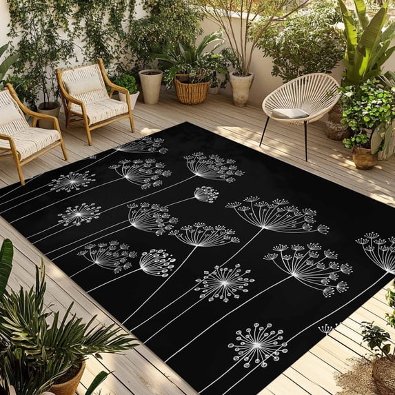 Black Dandelion Outdoor Rug for Patio/Deck/Porch, Non-Slip Large Area ...