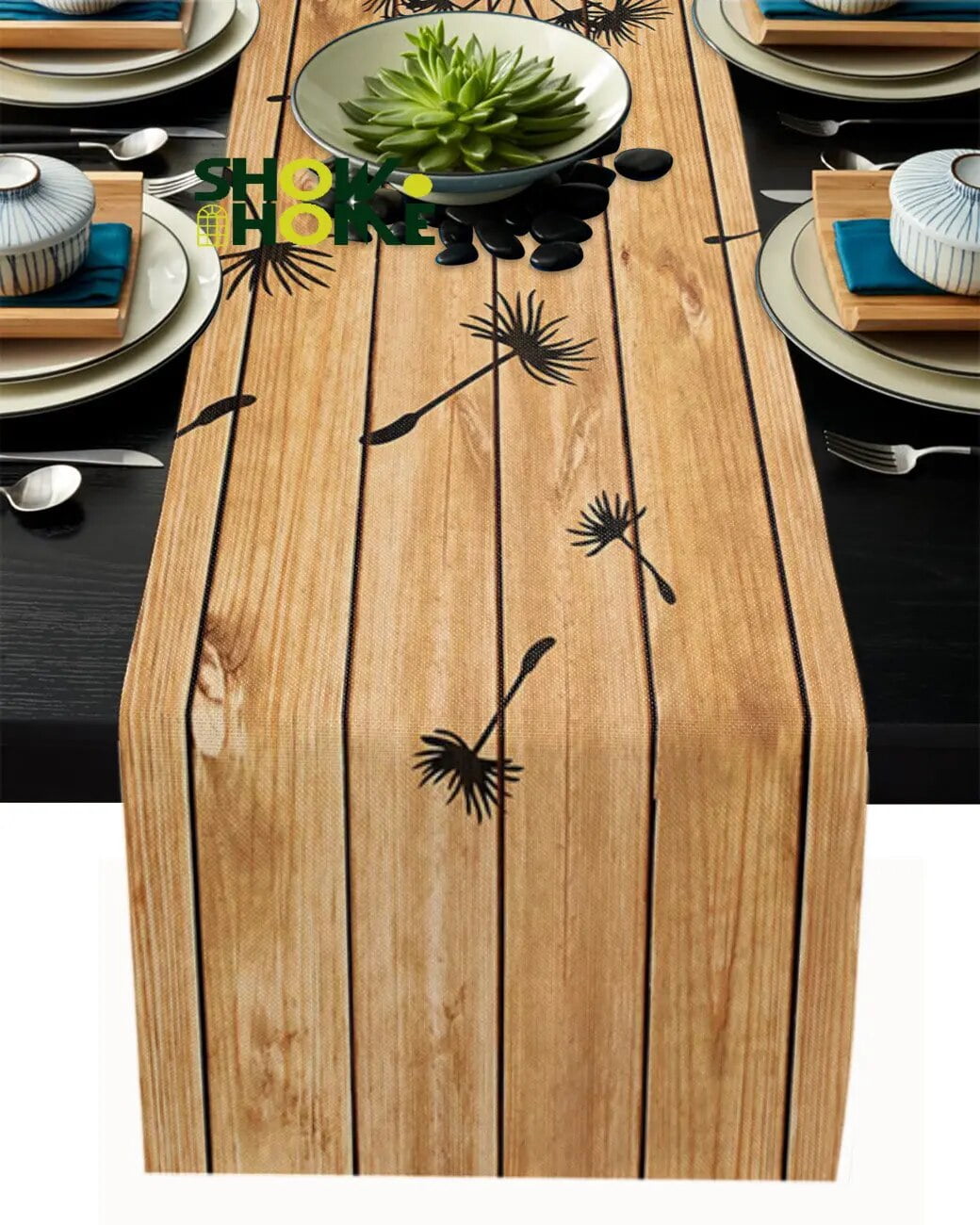 Black Dandelion Pattern On Wood Grain Background Table Runner Home ...