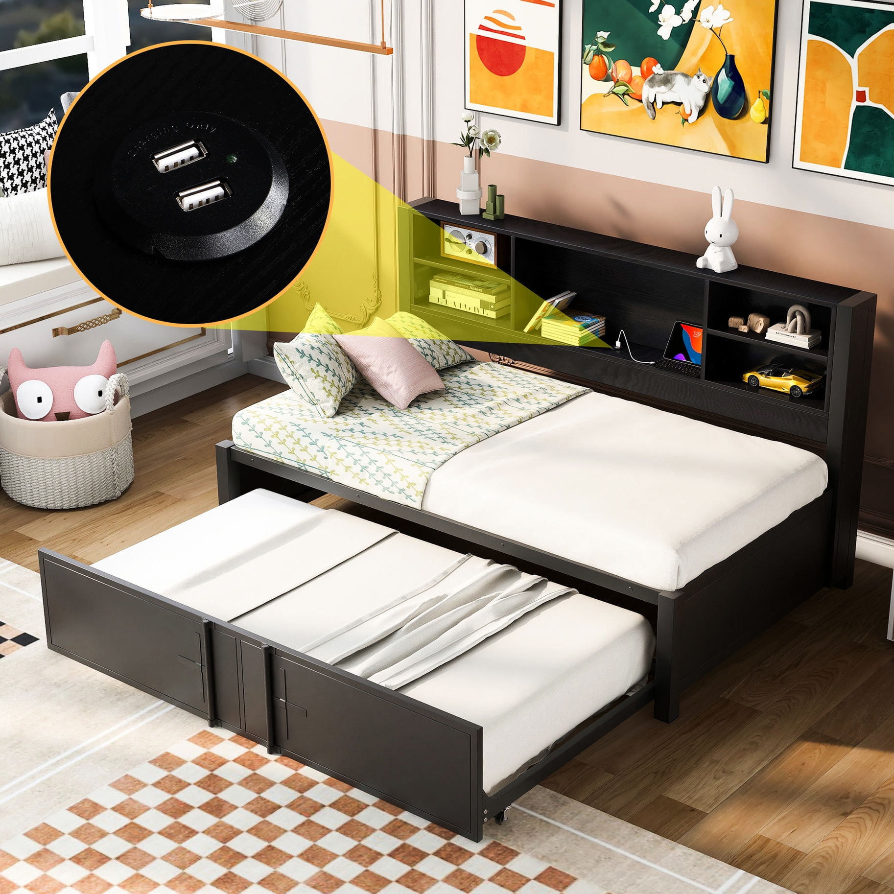 Black Daybed with Trundle - Sturdy Metal Construction - Home Use - Safe ...