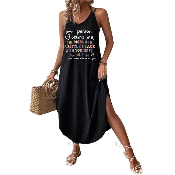 Black Dear Person Behind Me Plus Size Sleeveless Slip Dress With Print ...