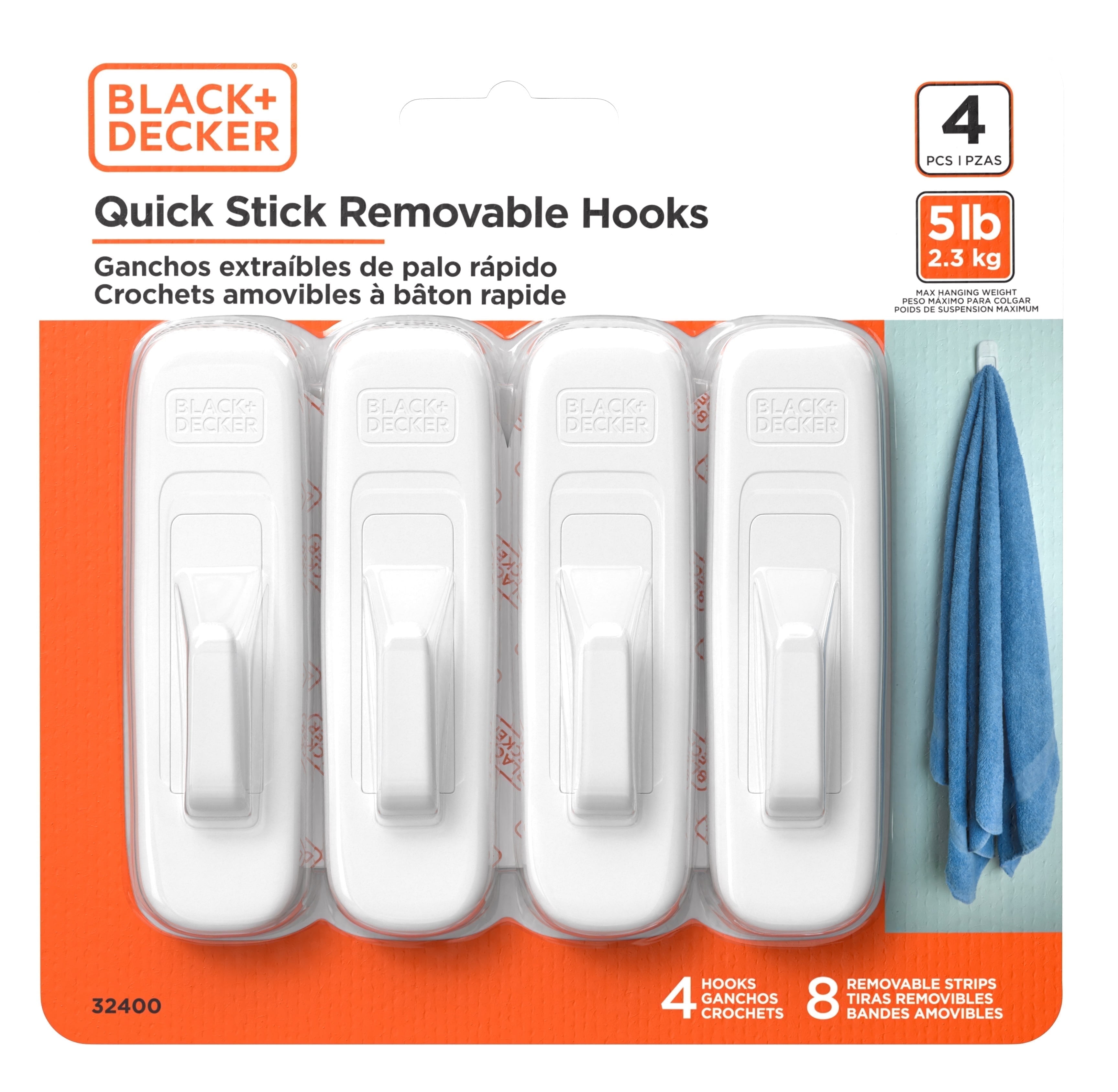 BLACK + DECKER Wall Hooks, Removable, Holds up to 5 lbs, White, 4 pack ...
