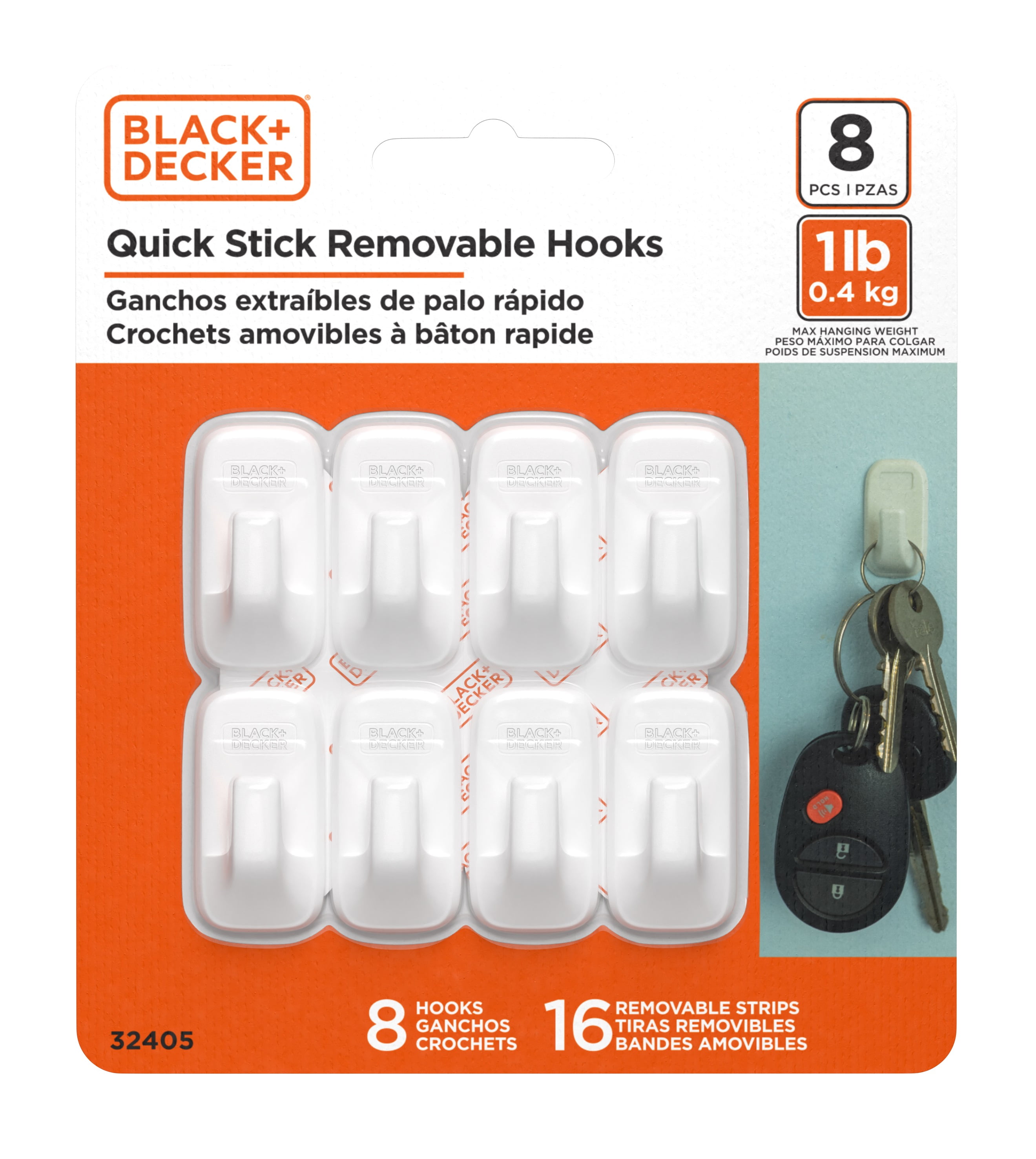 Black & Decker Solid Wall Hooks, Quick Stick Adhesive, Removeable, 8 ...