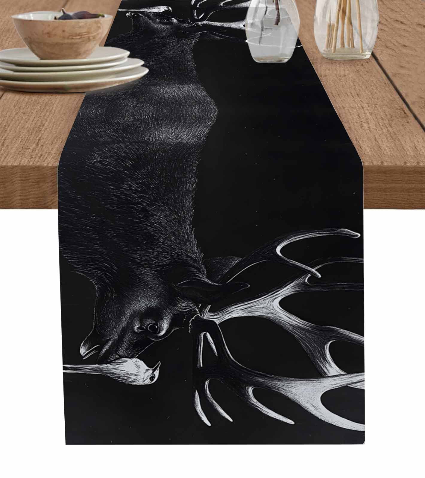 Black Deer Bird Burlap Cotton Table Runner 13x60 Inches Long, Retro ...