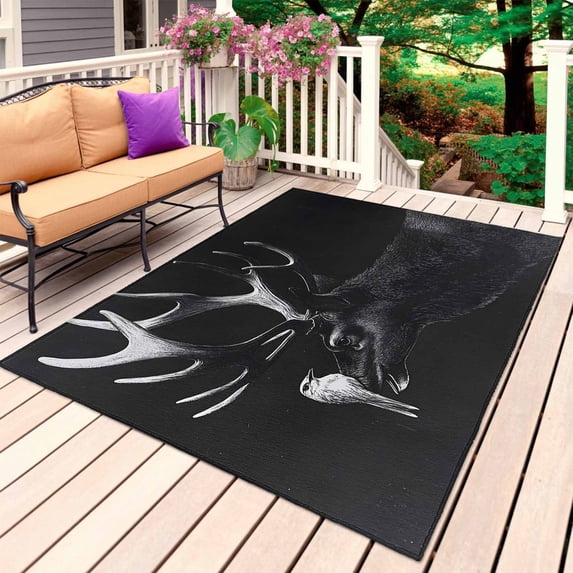 Black Deer Bird Outdoor Rug 3x5 Ft, Non Slip Washable Area Rug, Retro ...