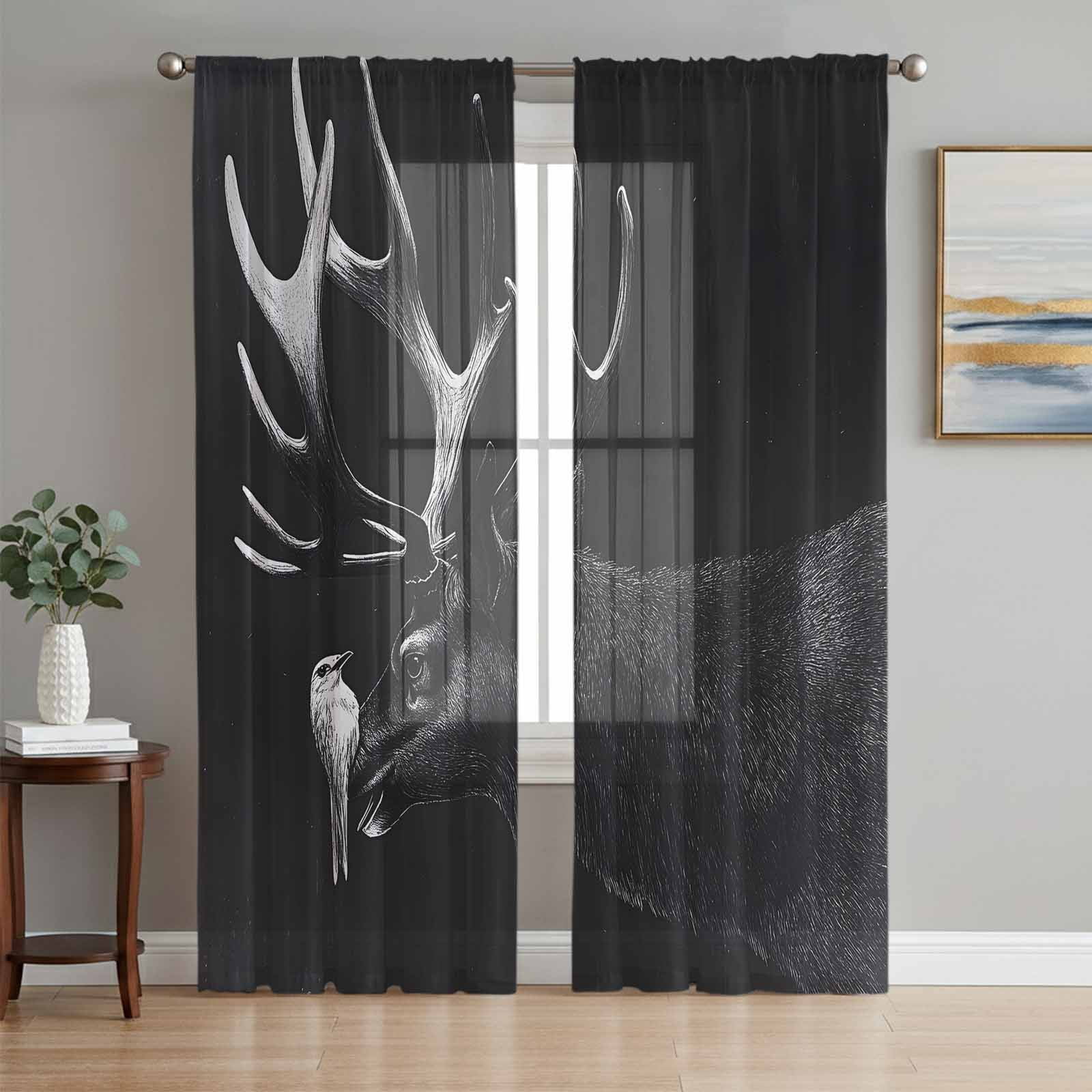 Black Deer Bird Sheer Curtains 63 Inch Length 2 Panels Set, Retro ...