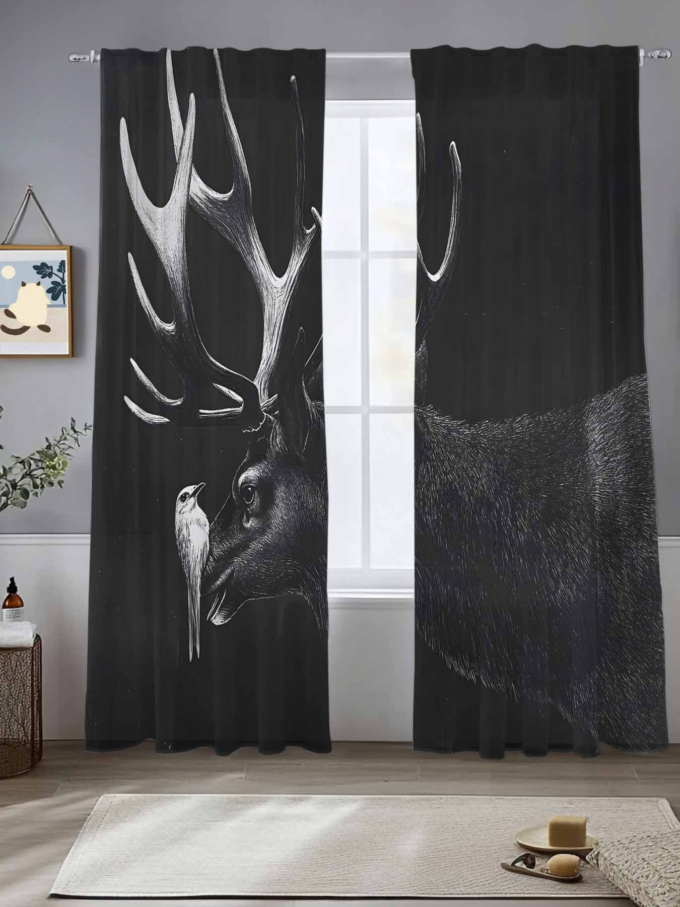 Black Deer Bird Sheer Curtains for Living Room Bedroom Retro Modern ...
