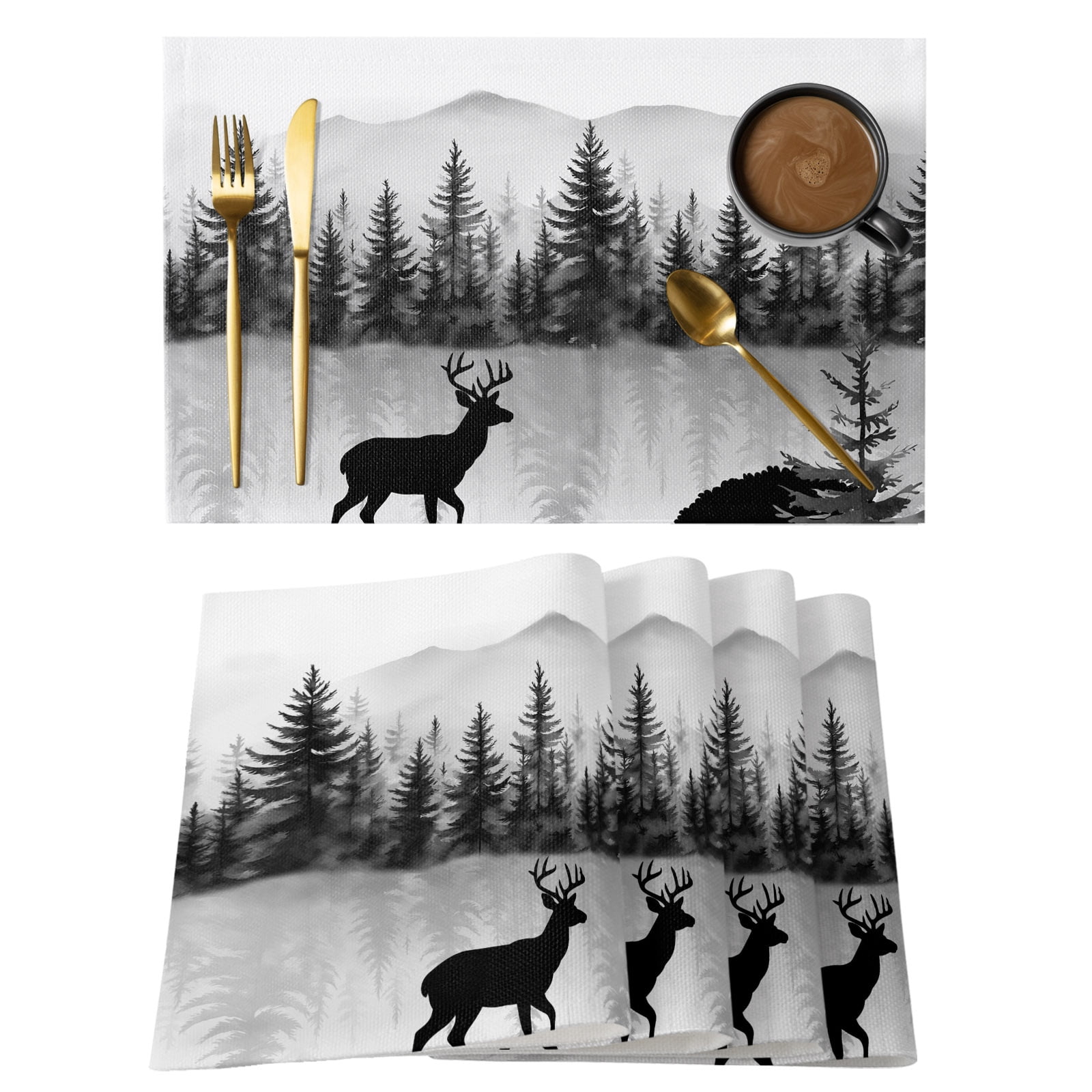 Black Deer Cotton Linen Placemats Set of 1, Mountain Forest Animal ...