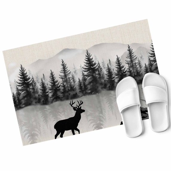 Black Deer Door Mat Mountain Forest Animal Trees Nature Linen Non Slip ...