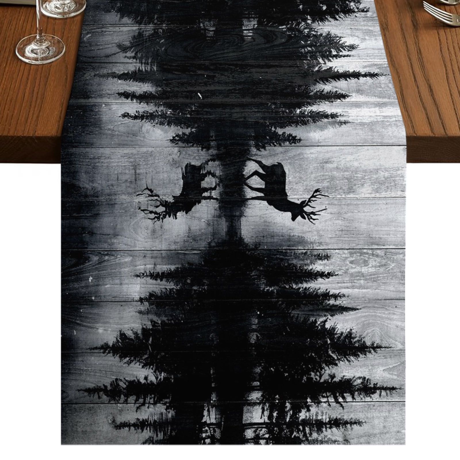 Black Deer Forest Burlap Cotton Table Runner 16x72 Inches Long, Wooden ...