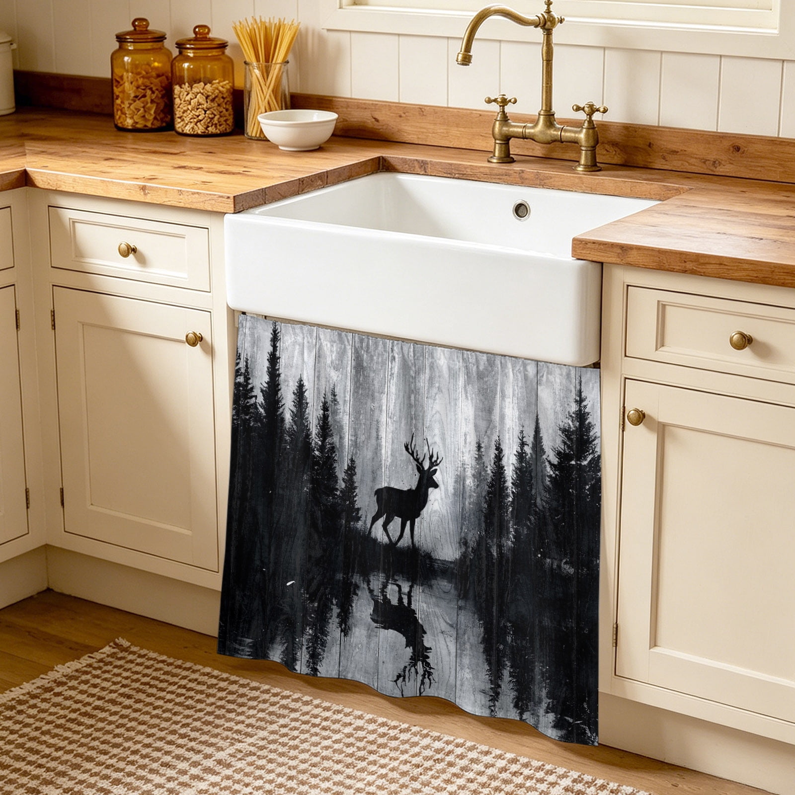 Black Deer Forest Cabinet Curtains 35"W x 35"L, Wooden Silhouettes ...