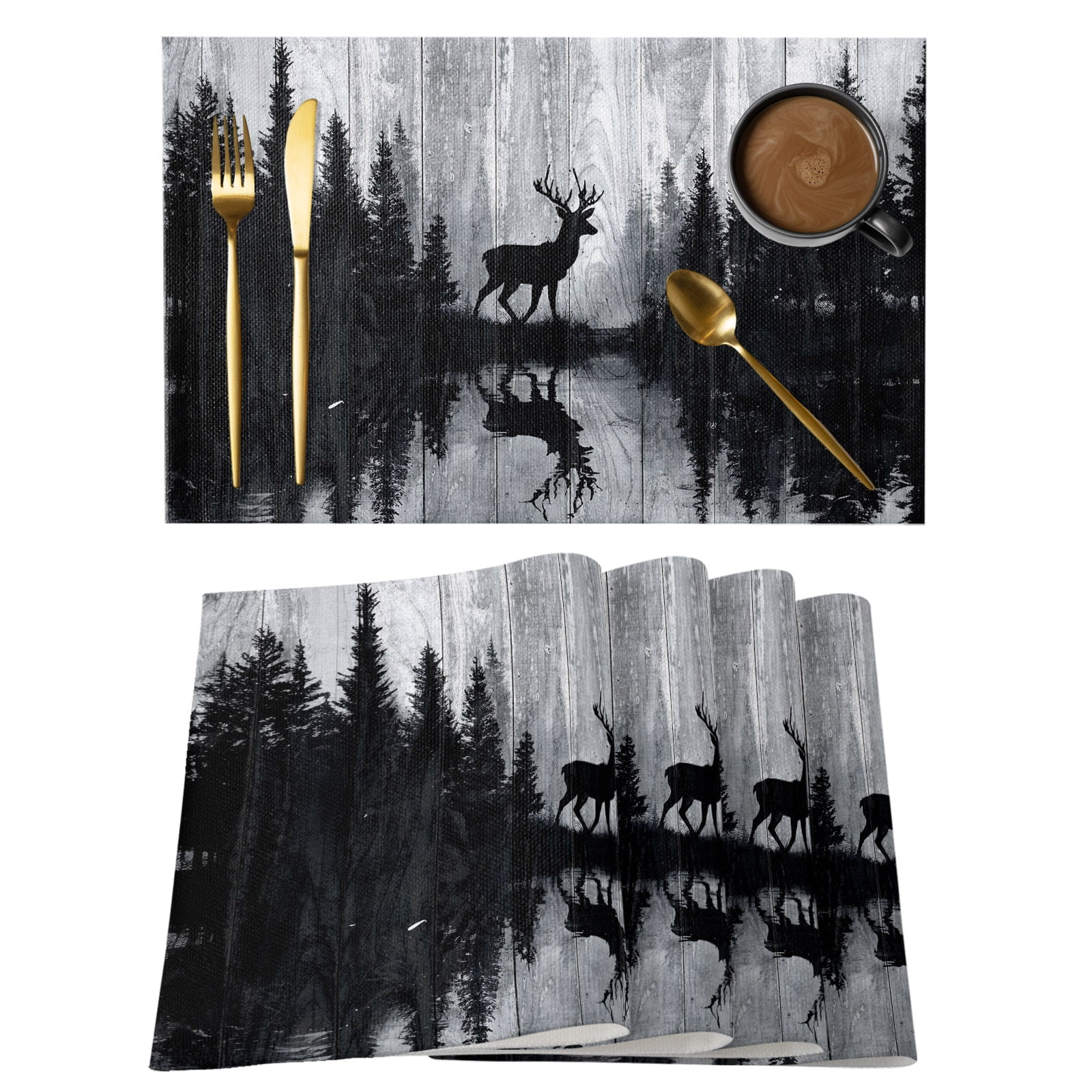 Black Deer Forest Placemats Set of 6 Wooden Silhouettes Retro Art Place ...