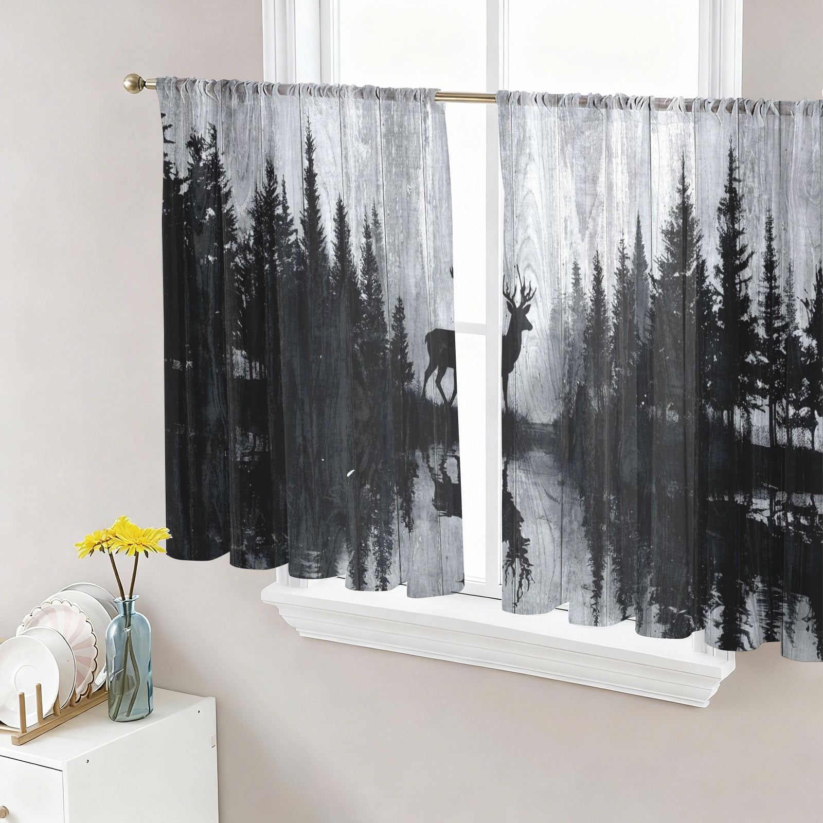Black Deer Forest Sheer Curtains for Living Room Bedroom Wooden ...