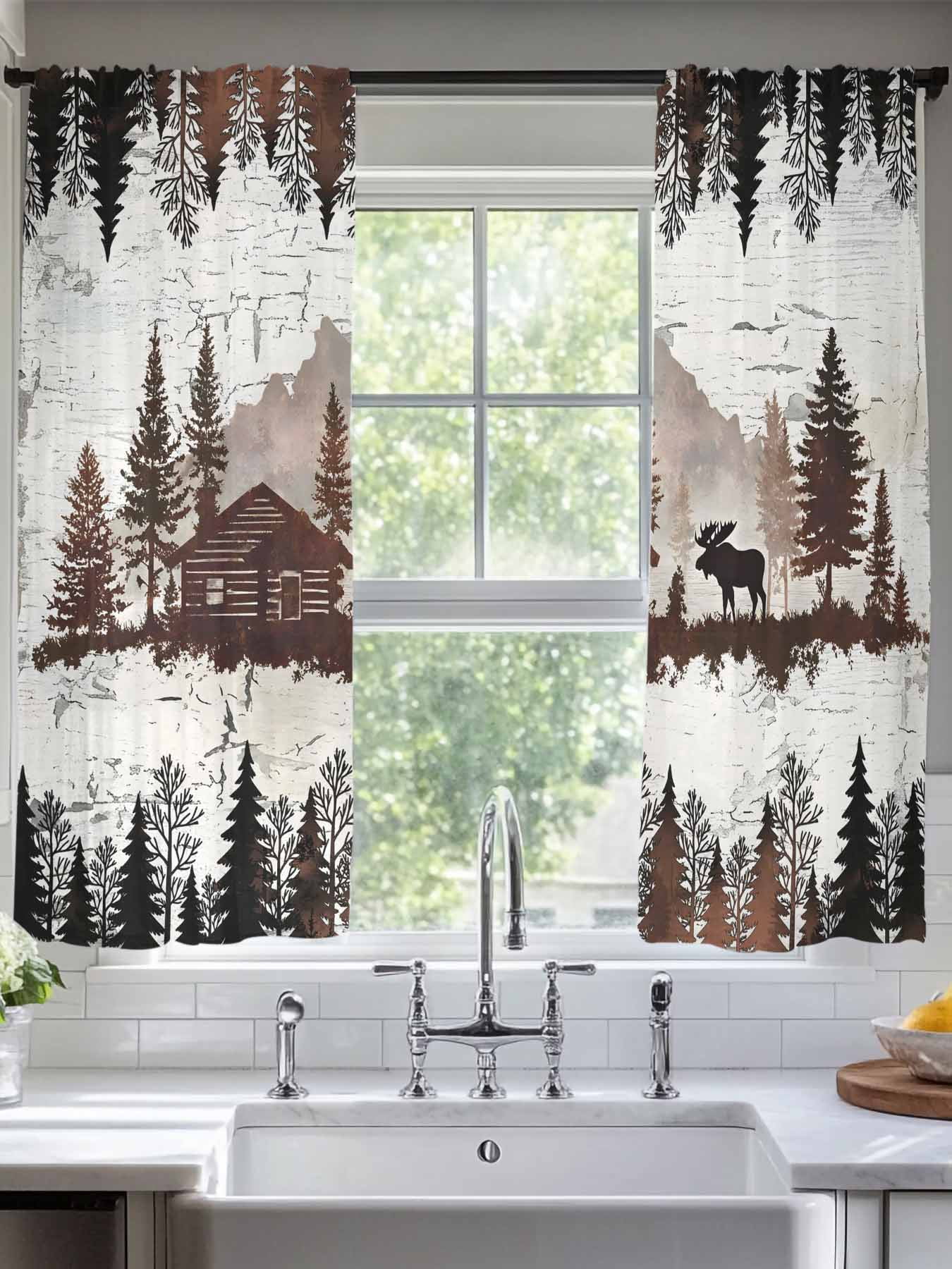 Black Deer Forest Wooden House Chiffon Sheer Curtains 72 Inches Long ...