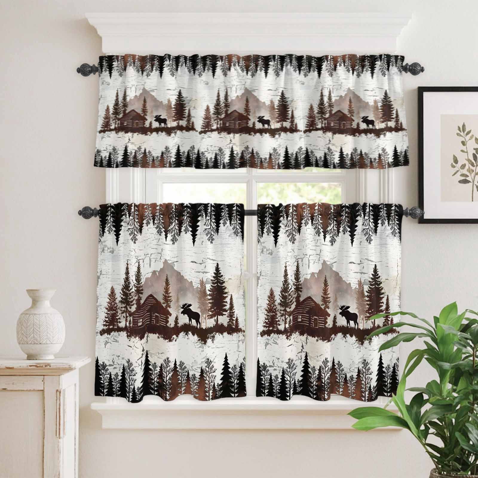 Black Deer Forest Wooden House Curtain Tier and Valance Set 3 Piece ...