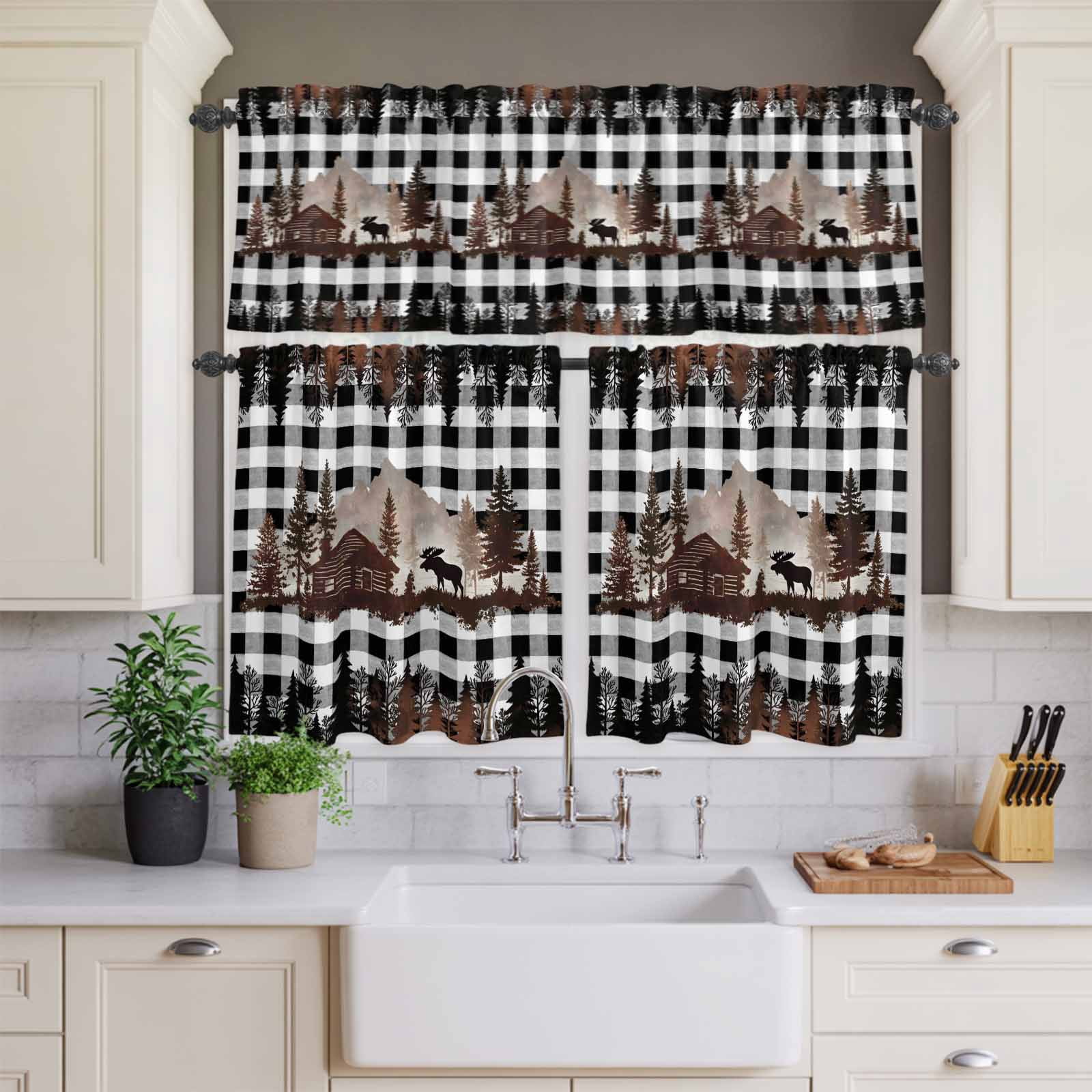 Black Deer Forest Wooden House Curtain Tier and Valance Set 3 Piece ...