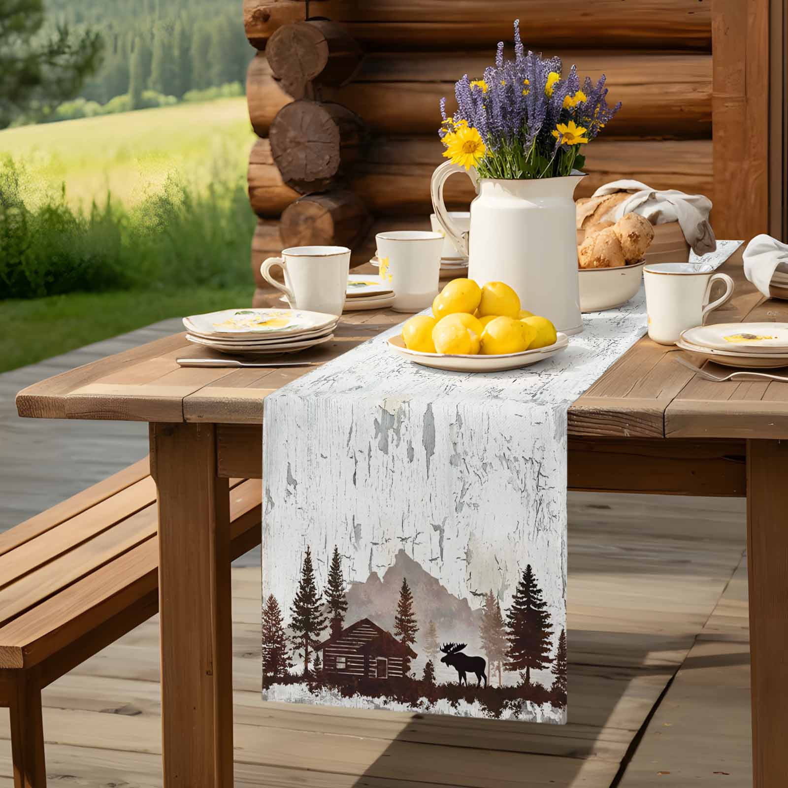 Black Deer Forest Wooden House Table Runner 13x90in Non-Slip Cotton ...