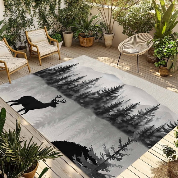Black Deer Outdoor Rug, Mountain Forest Animal Trees Nature Linen Non ...