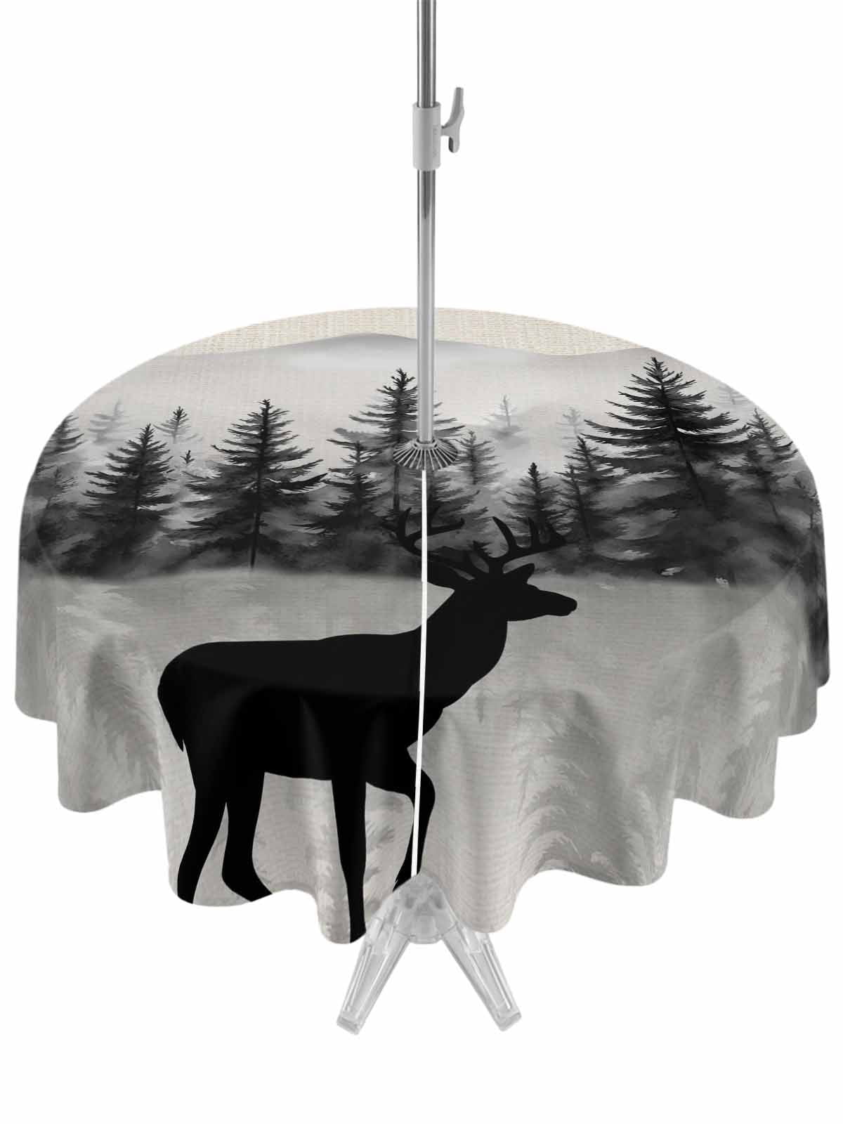 Black Deer Round Outdoor Tablecloth with Umbrella Hole Mountain Forest ...