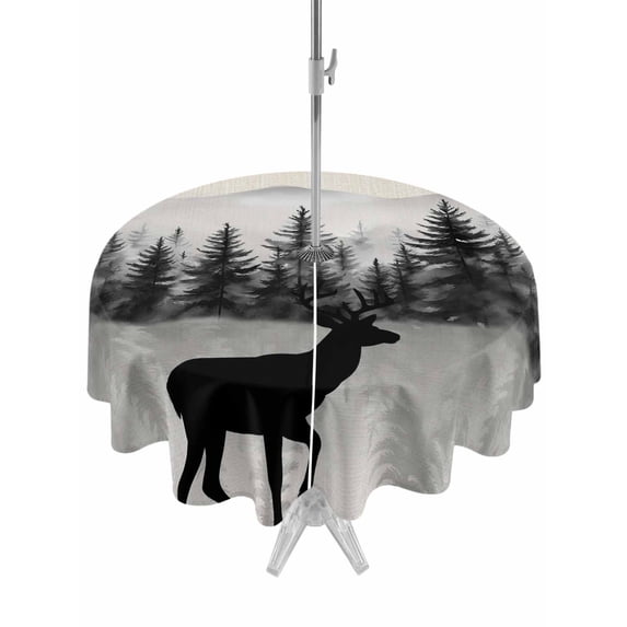 Black Deer Round Outdoor Tablecloth with Umbrella Hole Mountain Forest ...