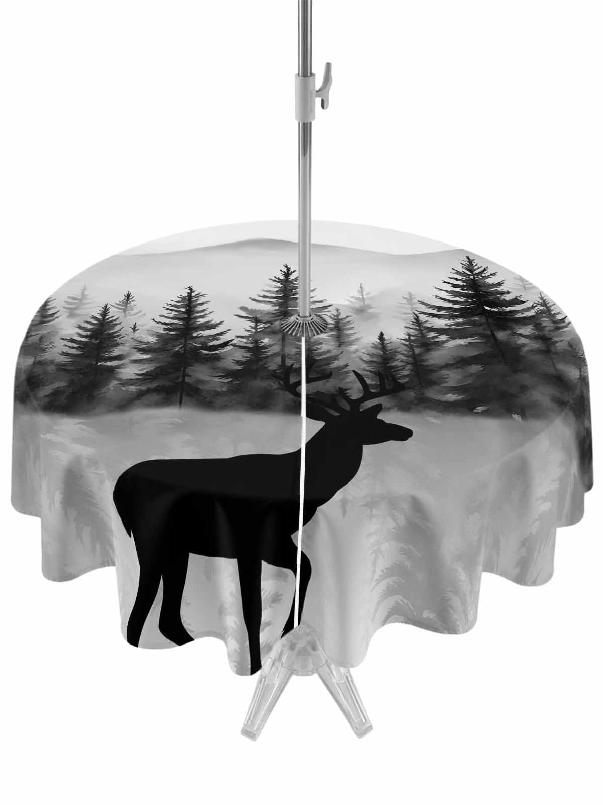 Black Deer Round Outdoor Tablecloth with Umbrella Hole Mountain Forest ...