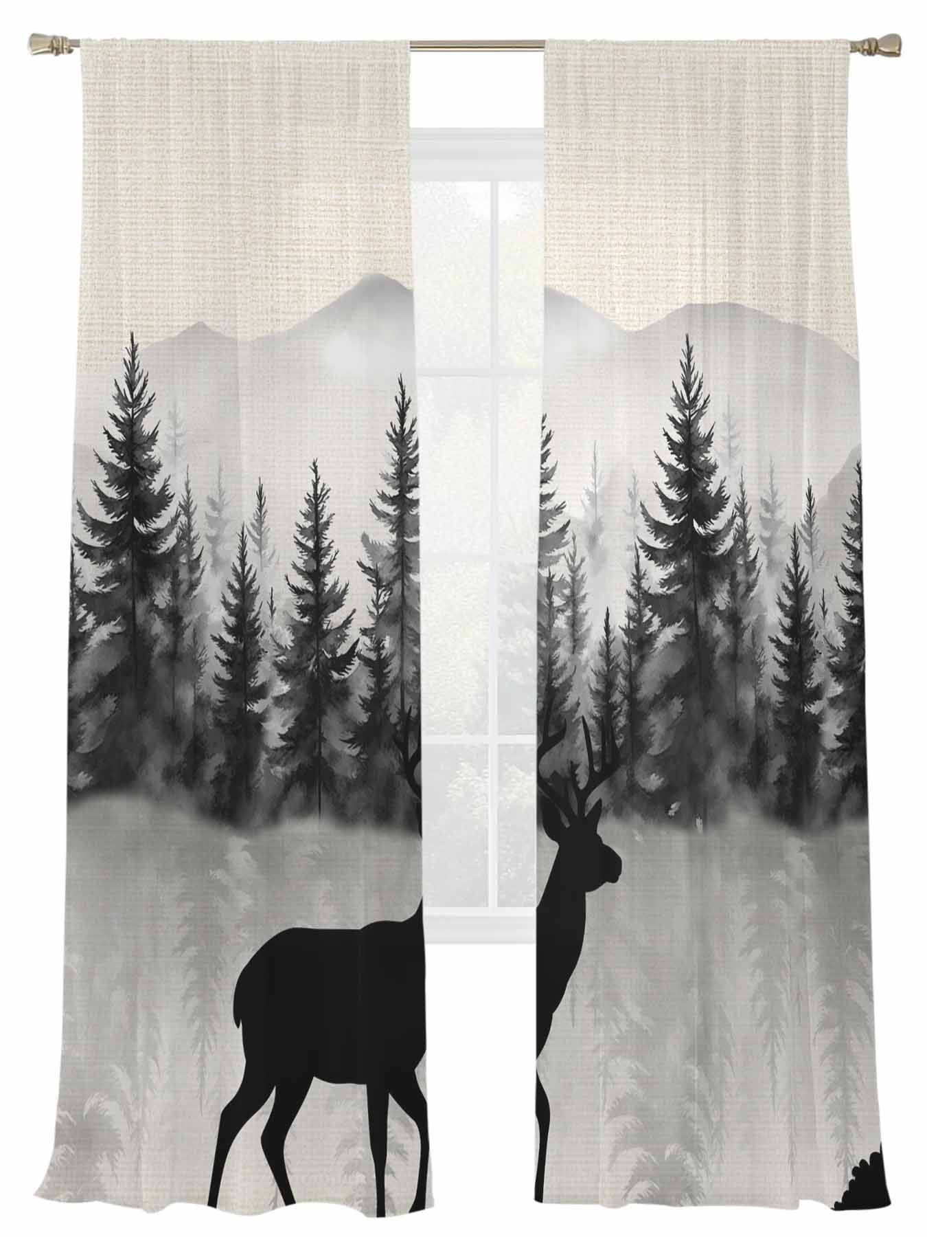 Black Deer Sheer Curtains 108 Inch Long 2 Panels, Mountain Forest ...