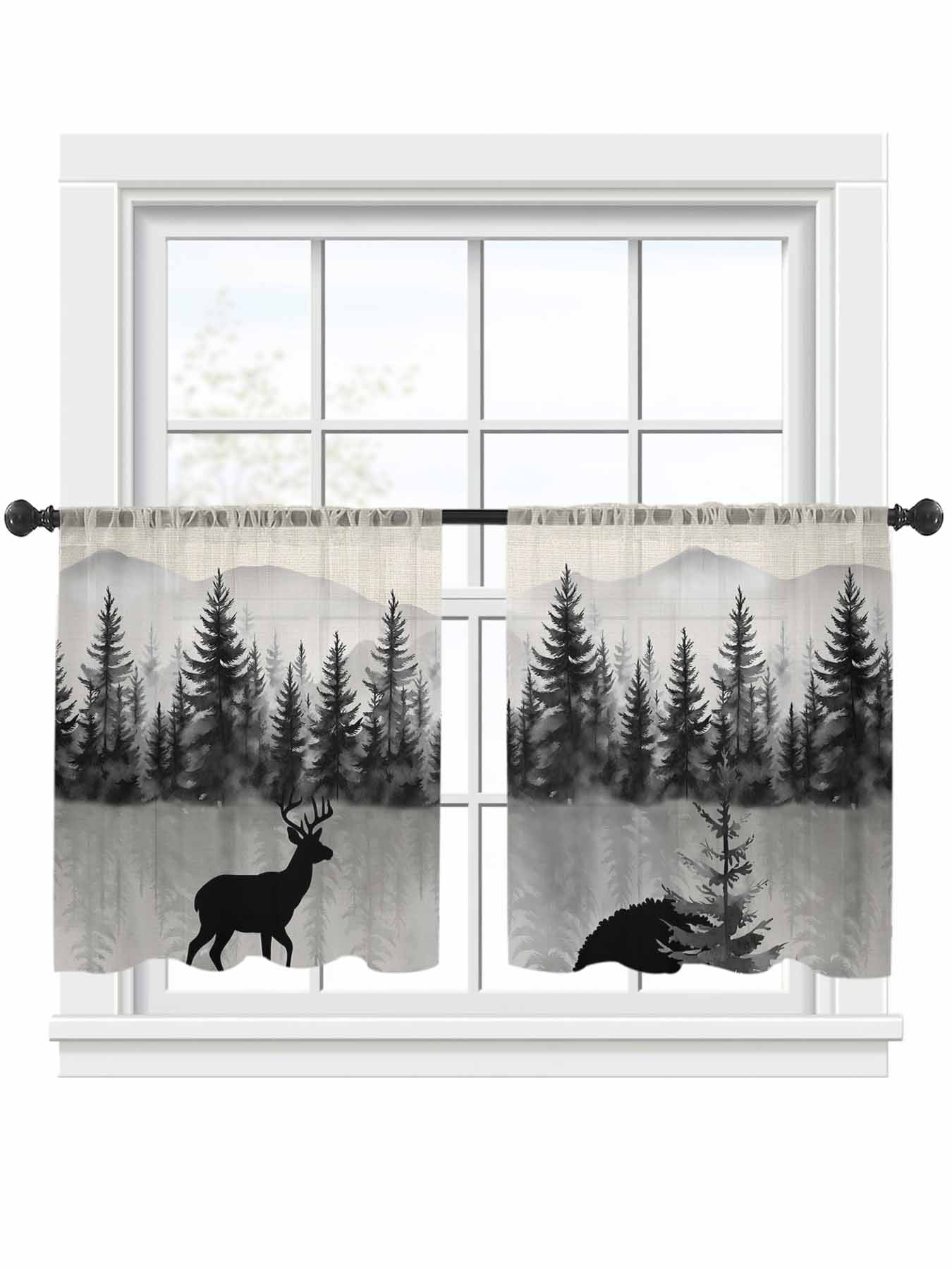 Black Deer Sheer Curtains 54 Inch Long 2 Panels, Mountain Forest Animal ...