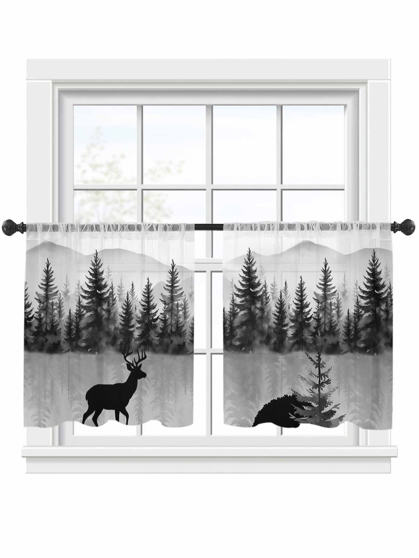 Black Deer Sheer Curtains 54 Inch Long 2 Panels, Mountain Forest Animal ...