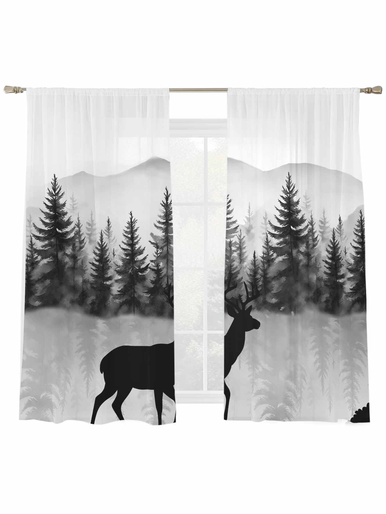 Black Deer Sheer Curtains 72 Inch Long 2 Panels, Mountain Forest Animal ...