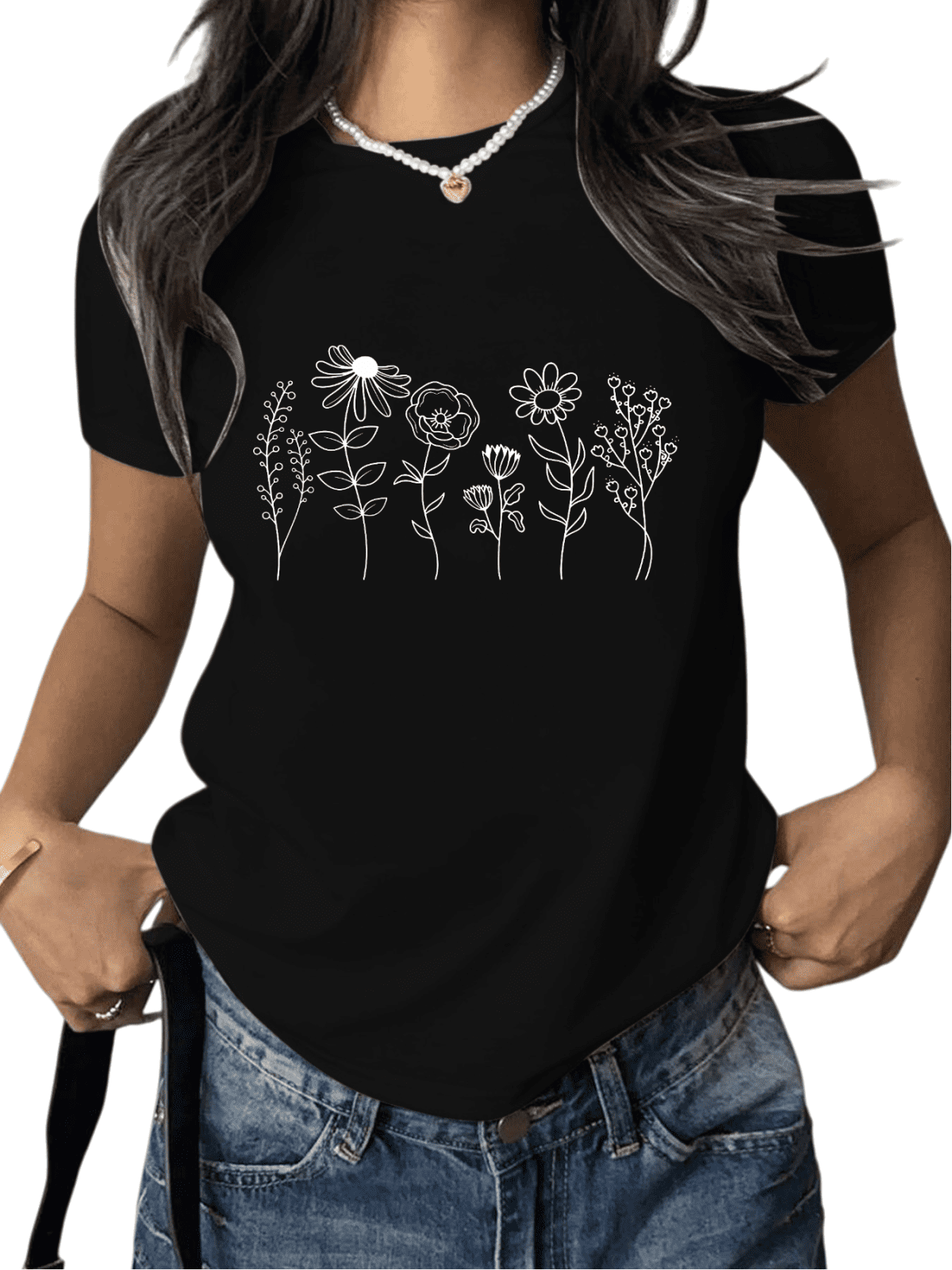 Black Delicate Floral Line Art Print Tshirt Graphic Tees Shirts ...