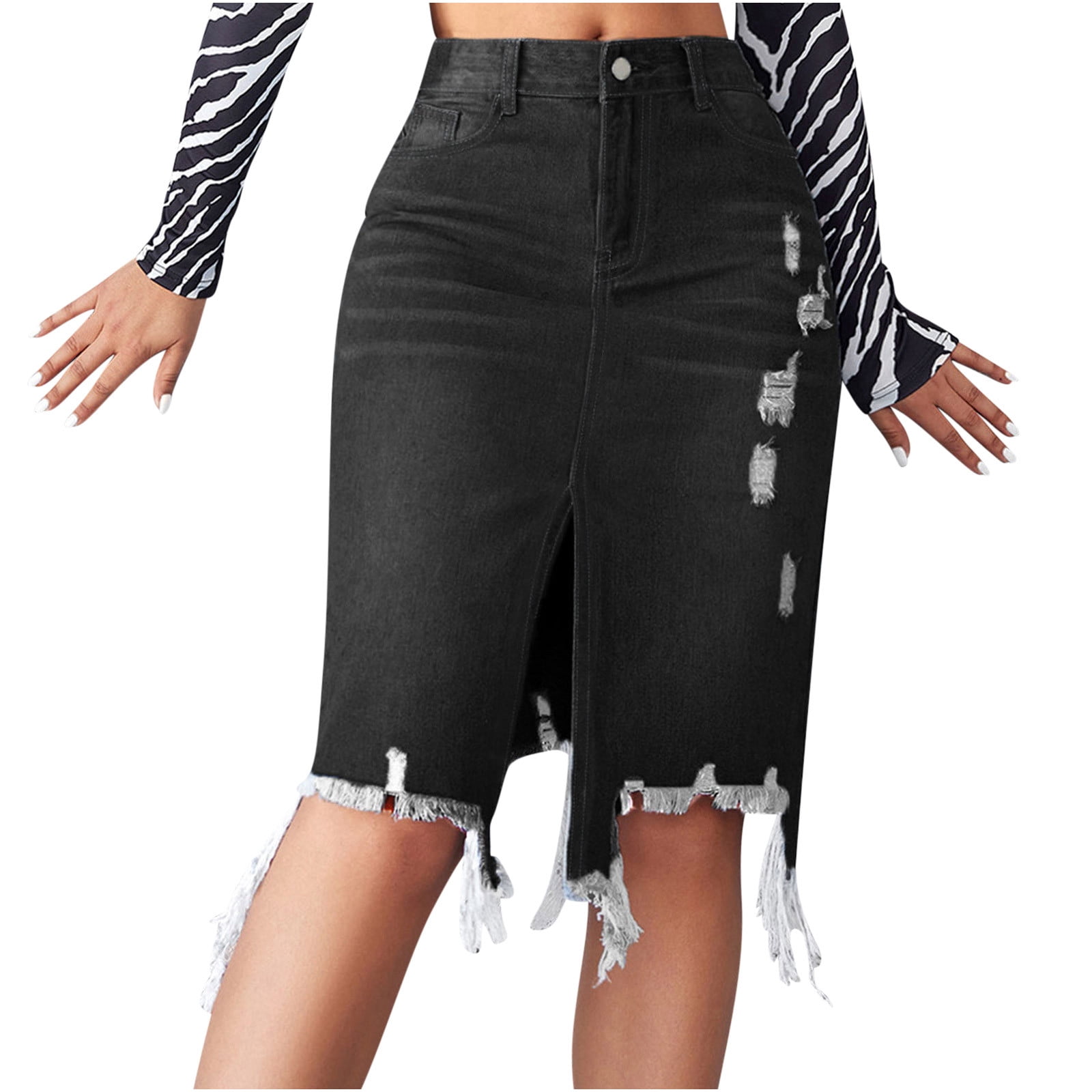 Black Denim Skort for Juniors Midi Knee Length Lounge Western High Cut Ripped with Slit Pencil ...