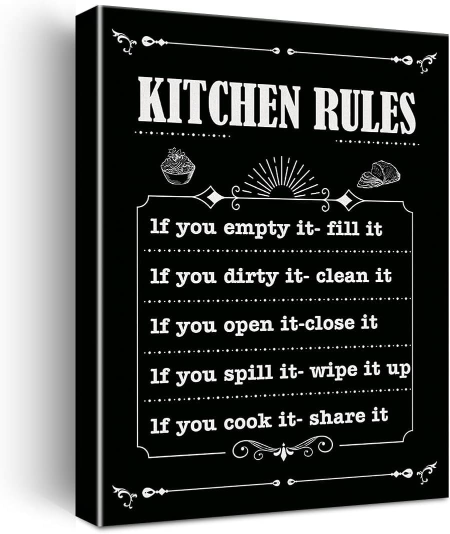 Black Design Kitchen Rules Canvas Wall Art, Kitche Wall Art Signs ...