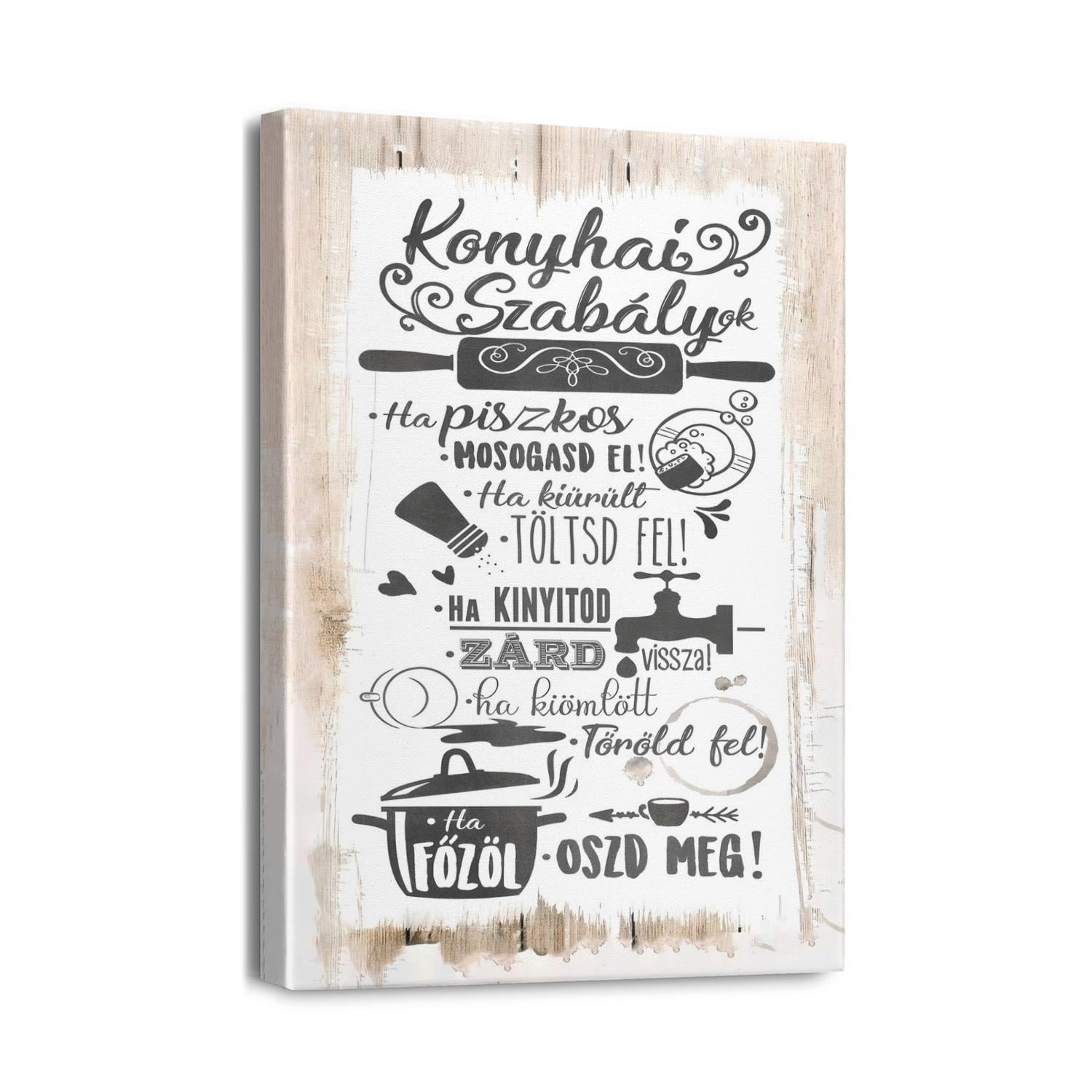 Black Design Kitchen Rules Canvas Wall Art - Ready to Hang Framed ...