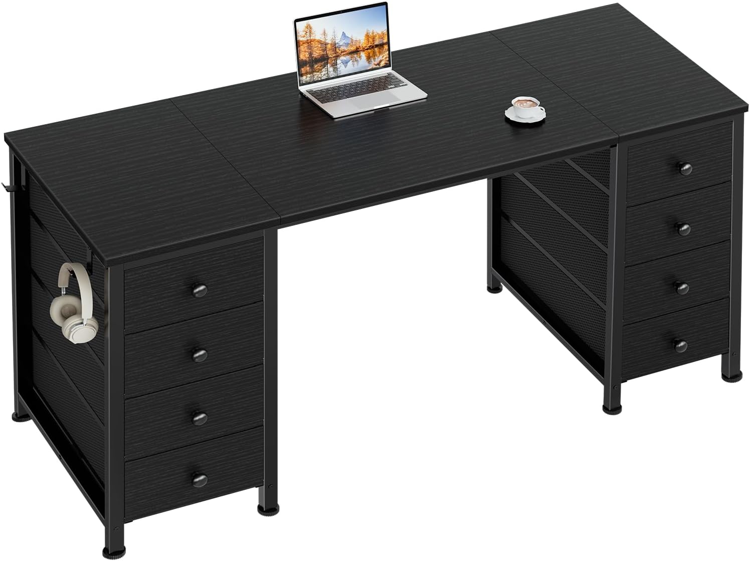 Black Desk with Fabric Drawers on Both Sides, 47 Inch Black Gaming Desk ...