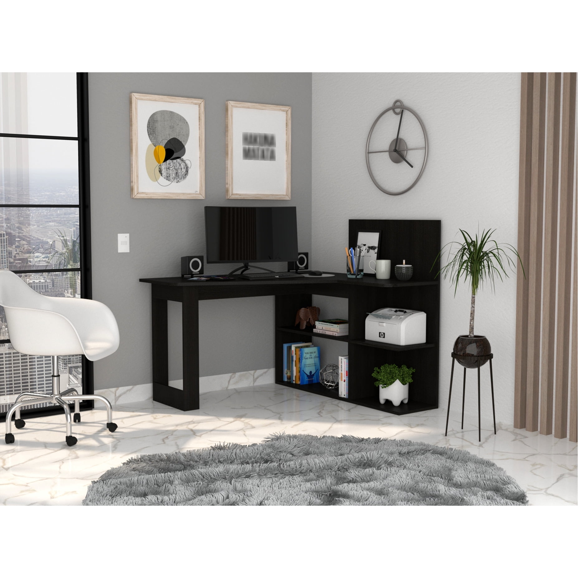 Black Desk For Computer Use With Five Open Shelves, L-shaped Right ...
