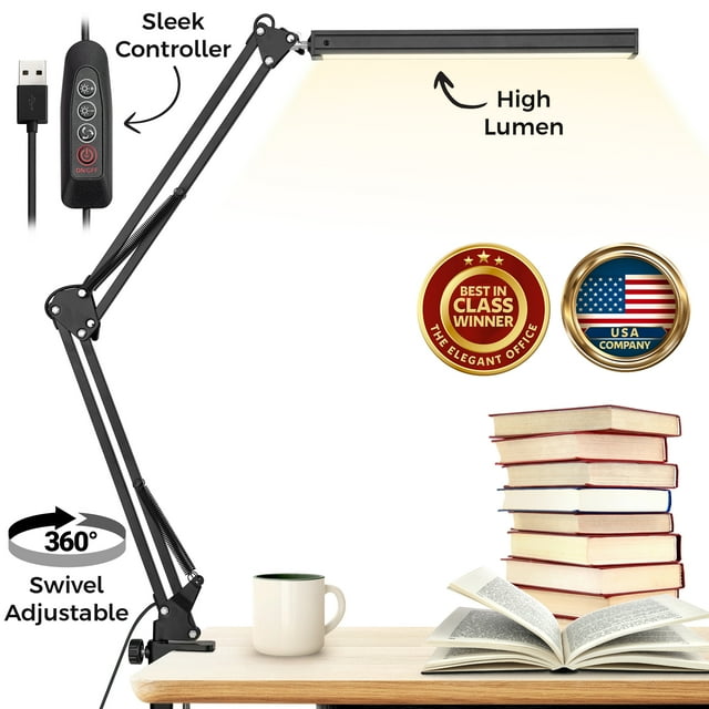 Black Desk Lamp Swing Arm Desk Light with Clamp, 3 Color Modes 10 ...