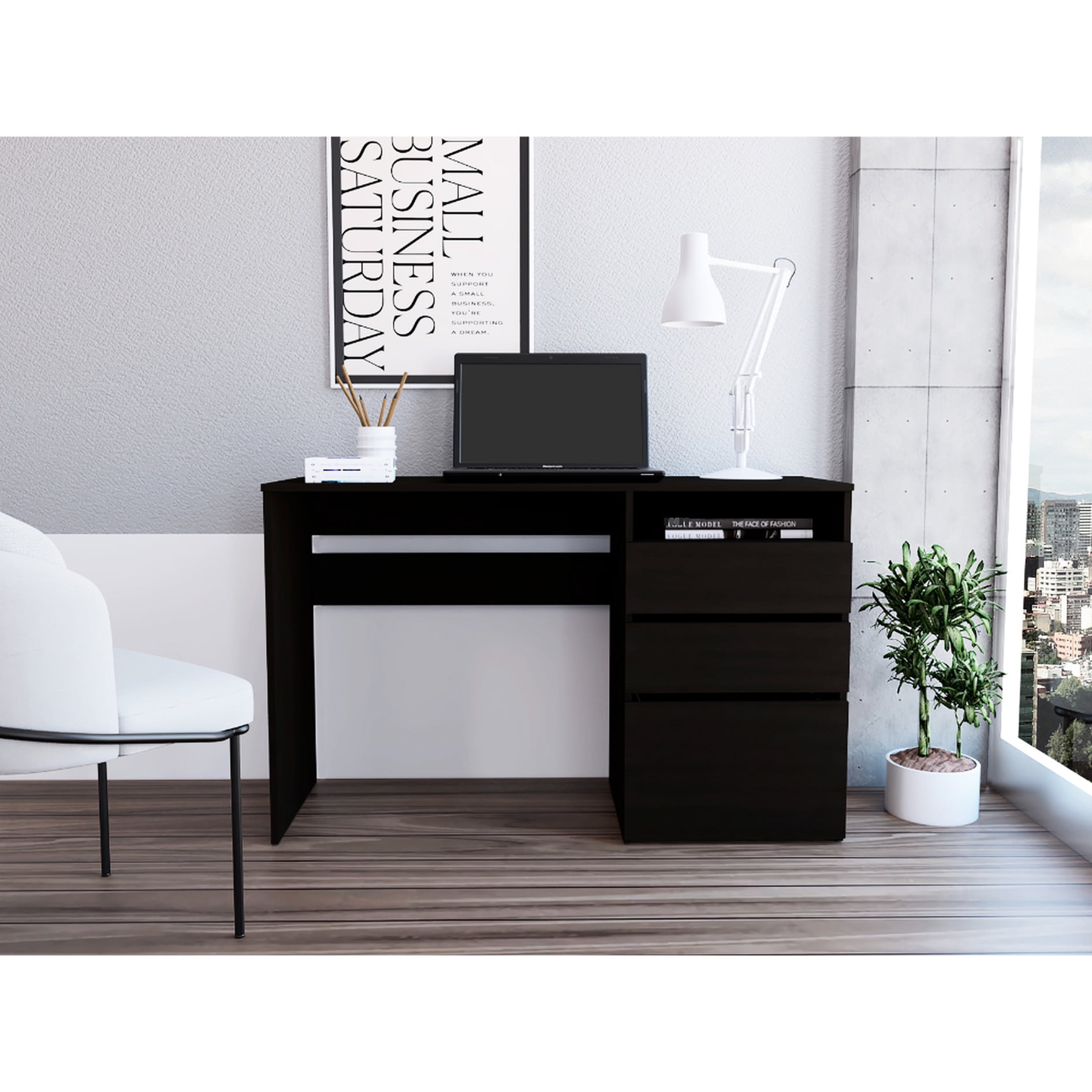 Black Desk for Computer Work | Three Drawers and Cubby Storage ...