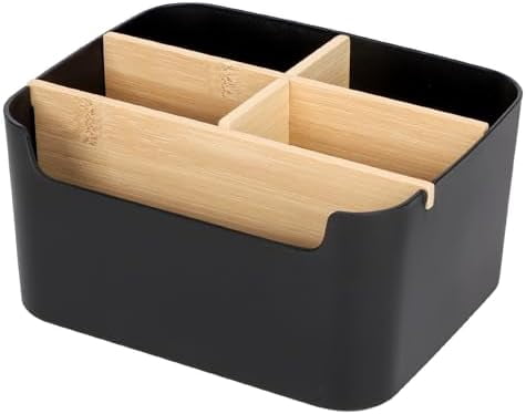 Black Desktop Organizer, Detachable Bamboo Remote Control Holder, Desk ...