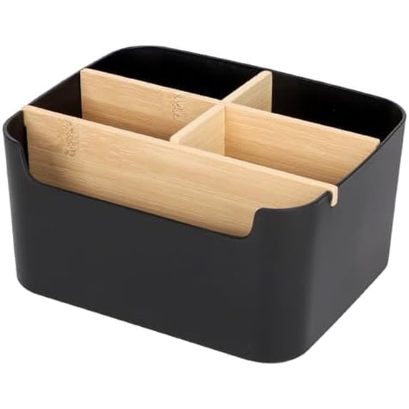Black Desktop Organizer, Detachable Bamboo Remote Control Holder, Desk ...