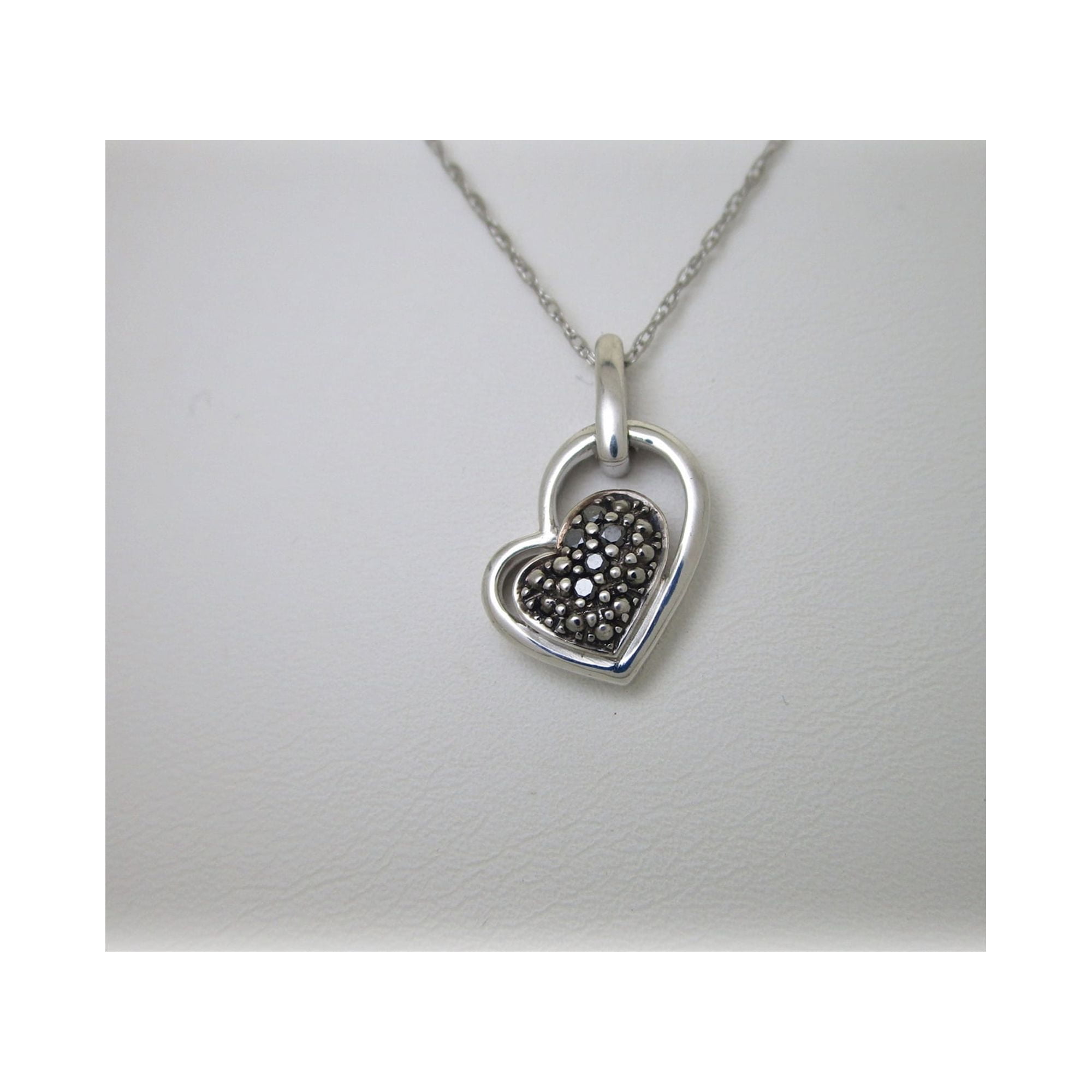 Black Diamond Heart Necklace Double Heart Pendant Solid Sterling Silver ...