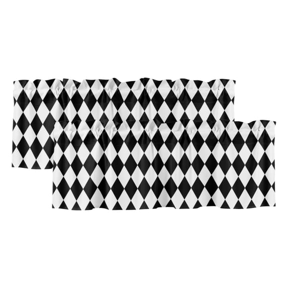 Black Diamond Plaid 2 Panels Kitchen Valance, White Geometric Check ...