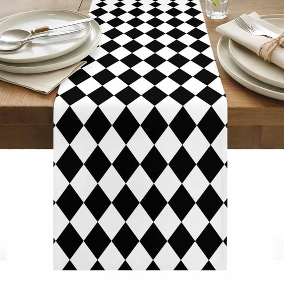 Black Diamond Plaid Cotton Linen Table Runner White Geometric Check ...