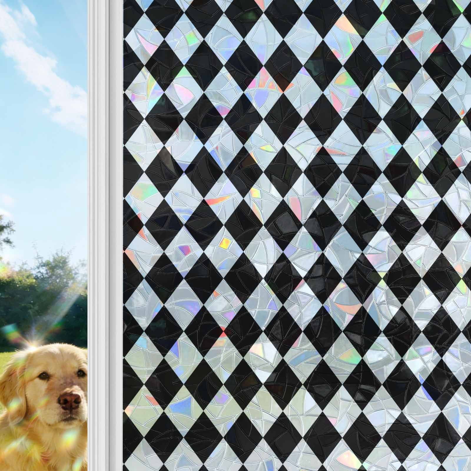 Black Diamond Plaid Rainbow Window Privacy Film, White Geometric Check ...