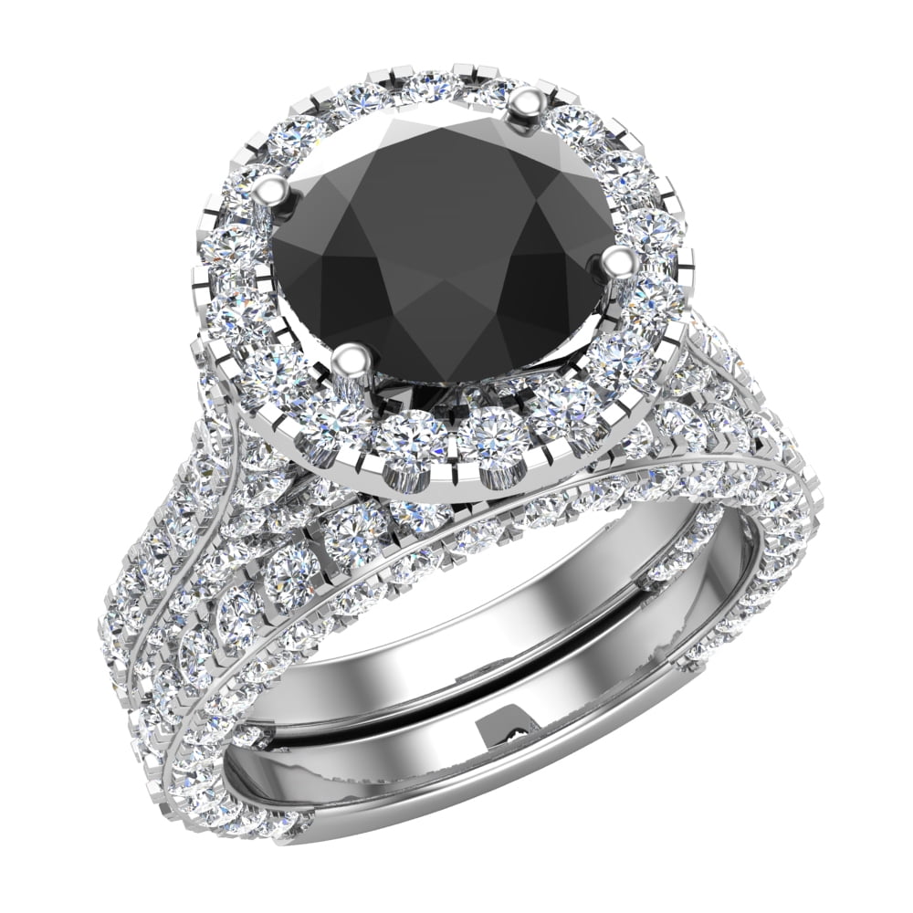 Black Diamond Wedding Ring Set 14K White Gold Halo Rings for Women 8.00 ...