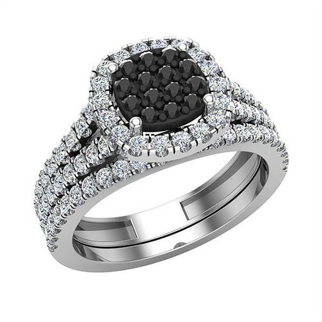 Black Diamond Wedding Ring Set for Women Cluster Diamond Halo Rings 14K White Gold 0.95 CT TW ...