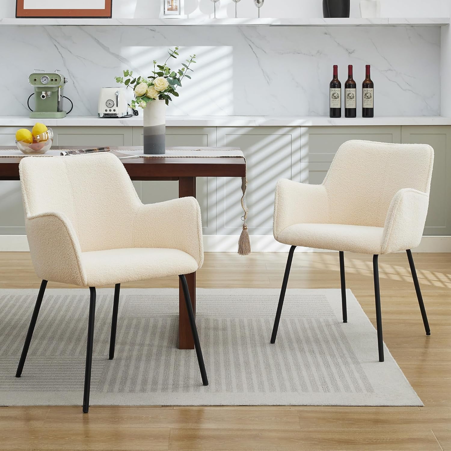 Black Dining Chairs with Arms, Sherpa Boucle Dining Chair, Modern ...
