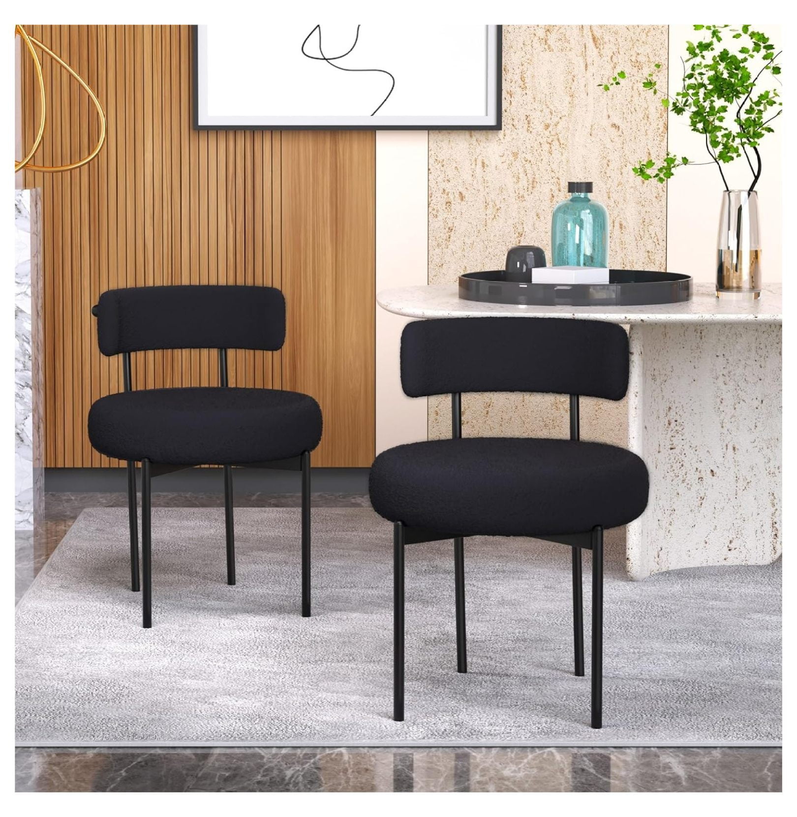 Black Dining Chairs Set of 2 - Boucle Modern Dining Chairs Kitchen ...